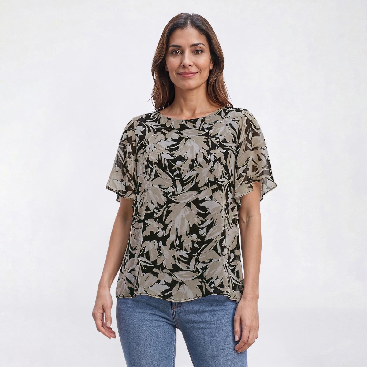 Click here for Petite Kasper Short Flare Sleeve Leaf Blouse prices